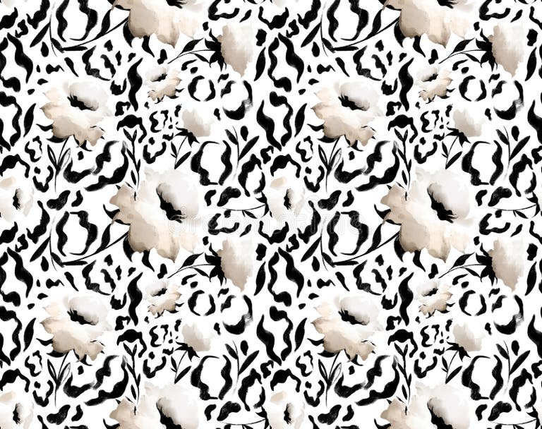 Hand Draw Leopard and Flower Pattern. Seamless Leopard Background Stock ...