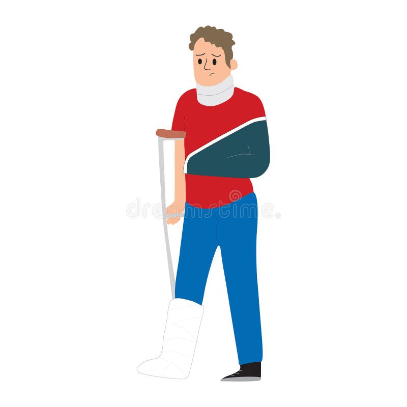 Hand Draw of a Man with a Leg in a Cast and an Arm in a Sling on a ...