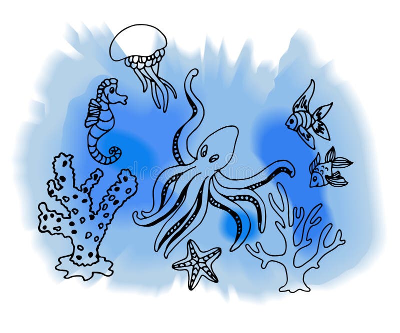 Hand Draw Set of Different Marina Creatures Stock Vector - Illustration ...