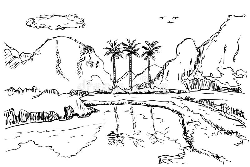 Hand Draw Simple Vector Sketch Mountain and Lake Stock Vector ...