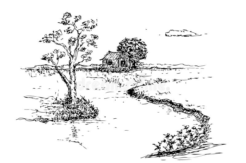 Hand Draw Simple Vector Sketch Small House Mountain and Lake Stock ...