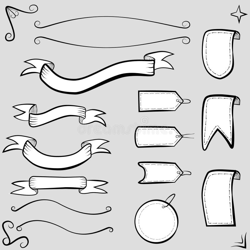 Hand Draw Sketch of Classic Ribbon, Label, Tag, Floral and Border Stock ...