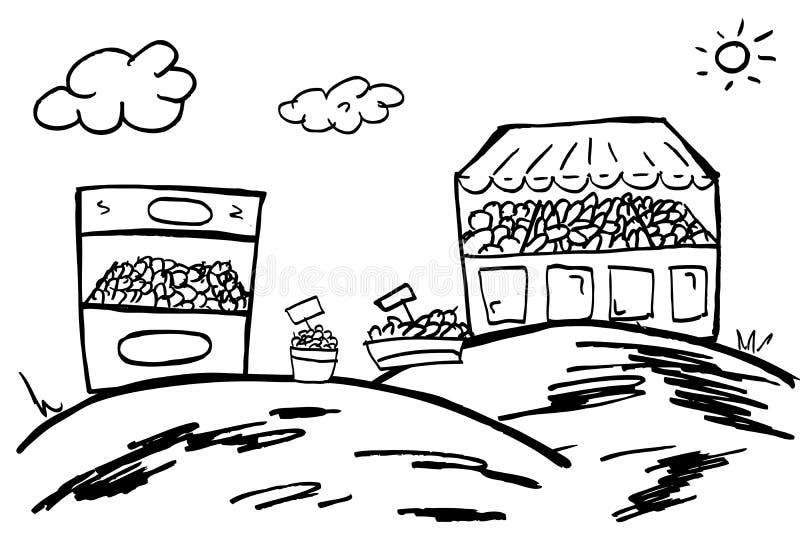 Hand Draw Sketch of Fruit Store Stock Vector - Illustration of hill ...