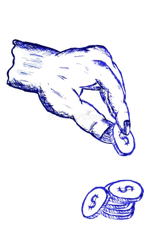 Hand Draw Sketch, Hand Pick A Coin Stock Vector - Illustration of blue ...