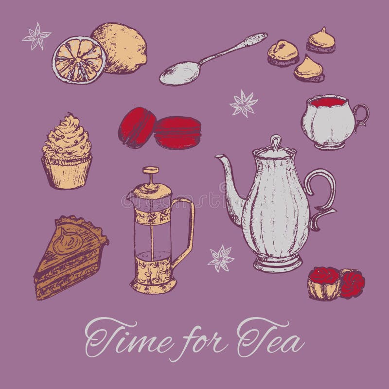 Hand Draw Tea Party Vector Illustration. Tea Background with Cakes and ...