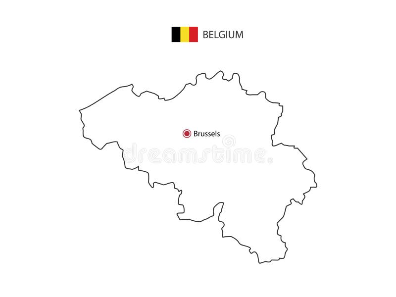 Hand Draw Thin Black Line Vector of Belgium Map with Capital City ...