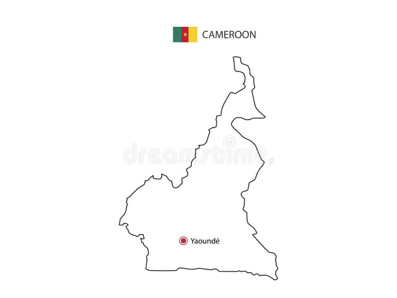Hand Draw Thin Black Line Vector of Cameroon Map with Capital City ...