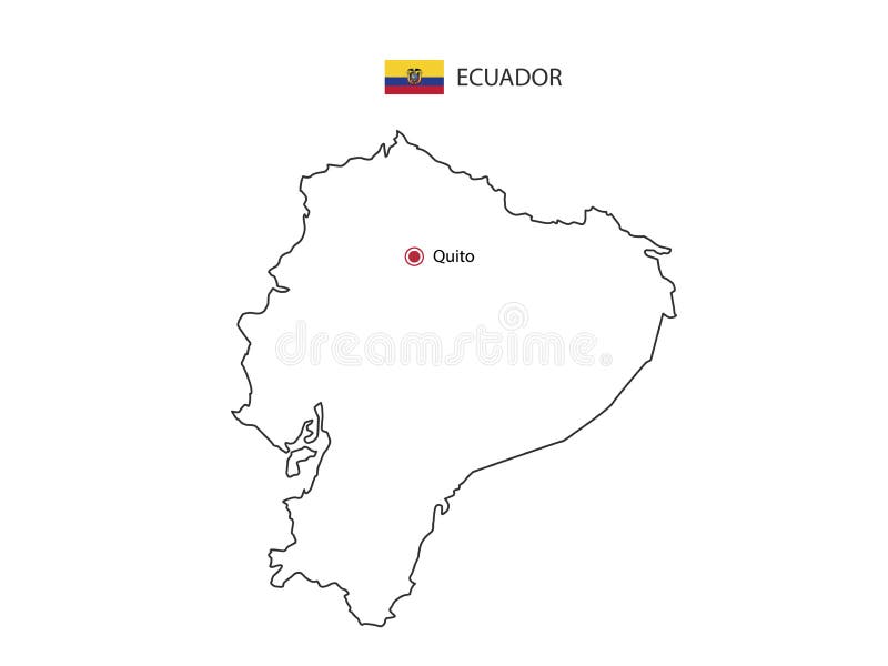 Hand Draw Thin Black Line Vector of Ecuador Map with Capital City Quito ...