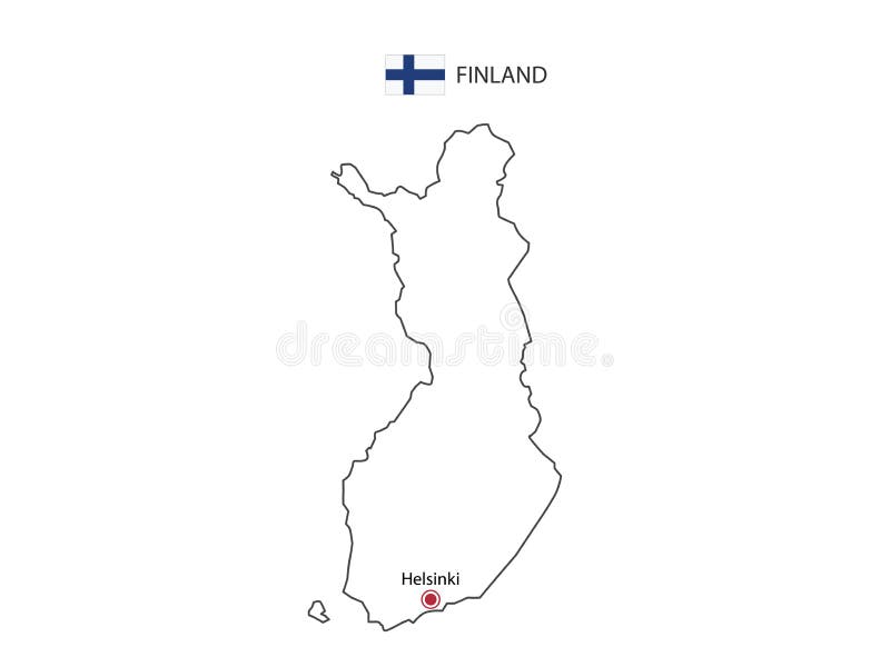 Hand Draw Thin Black Line Vector of Finland Map with Capital City ...