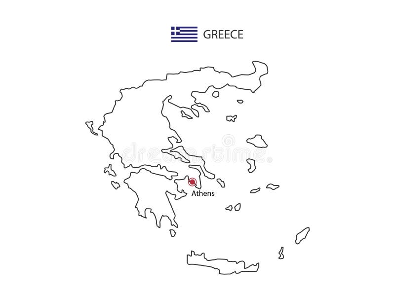 Hand Draw Thin Black Line Vector of Greece Map with Capital City Athens ...