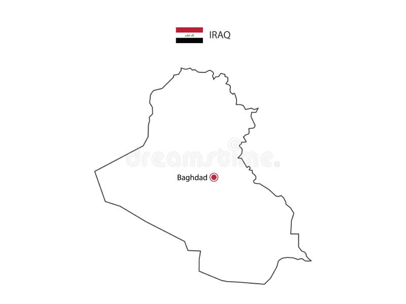 Hand Draw Thin Black Line Vector of Iraq Map with Capital City Baghdad ...