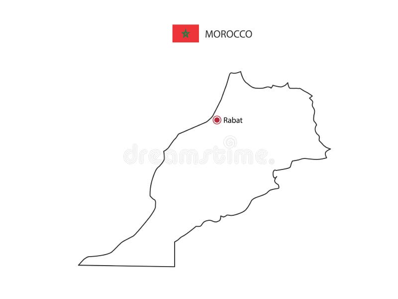 Hand Draw Thin Black Line Vector of Morocco Map with Capital City Rabat ...