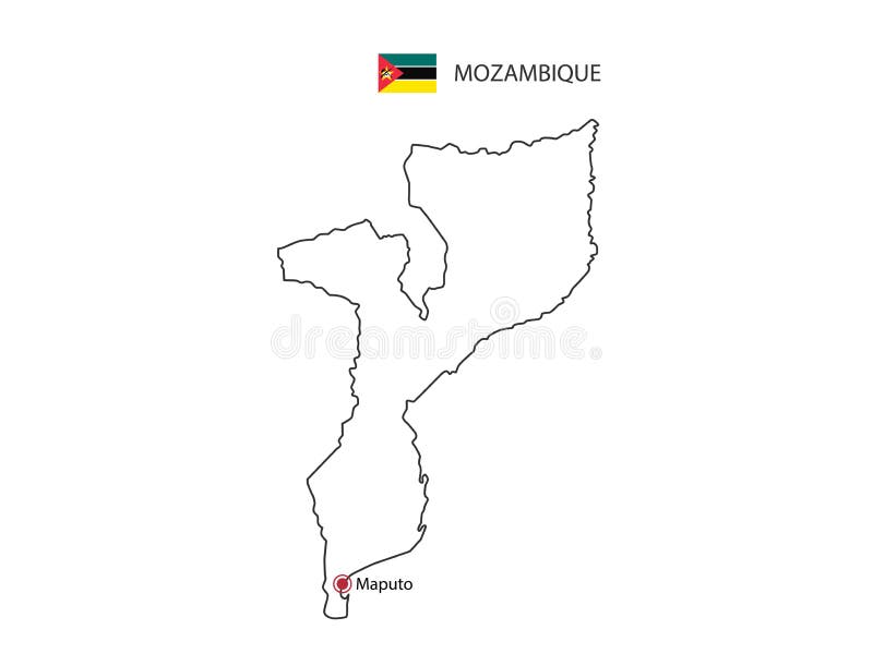 Hand Draw Thin Black Line Vector of Mozambique Map with Capital City ...