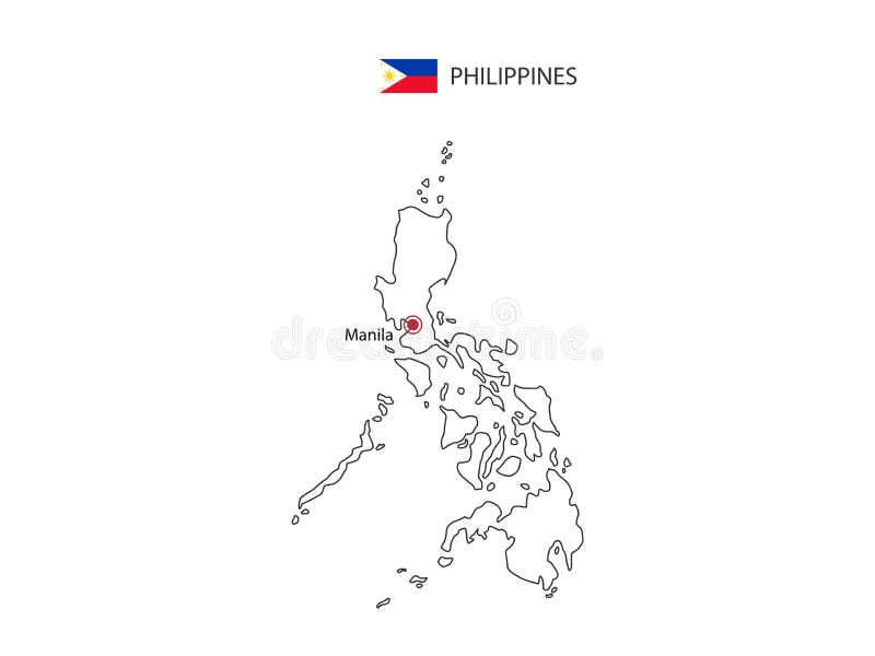 Hand Draw Thin Black Line Vector of Philippines Map with Capital City ...