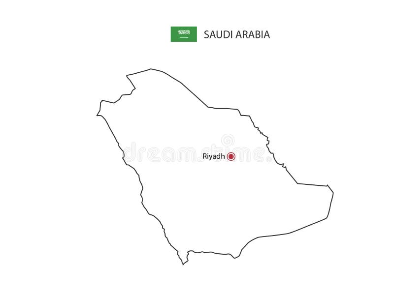 Hand Draw Thin Black Line Vector of Saudi Arabia Map with Capital City ...