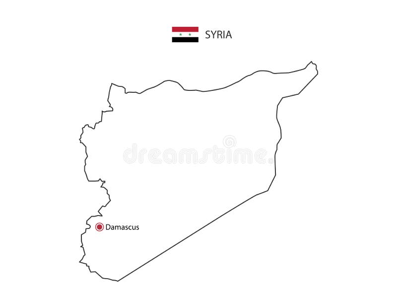 Hand Draw Thin Black Line Vector of Syria Map with Capital City ...