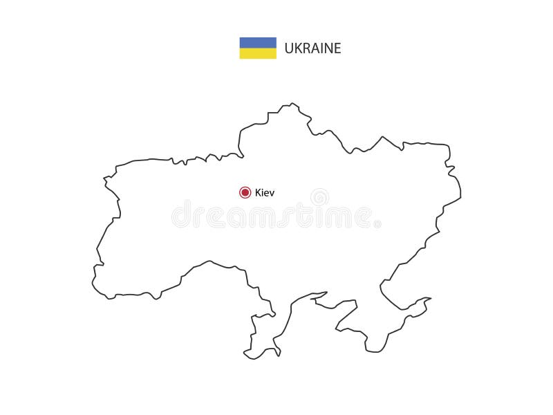 Hand Draw Thin Black Line Vector of Ukraine Map with Capital City Kiev ...