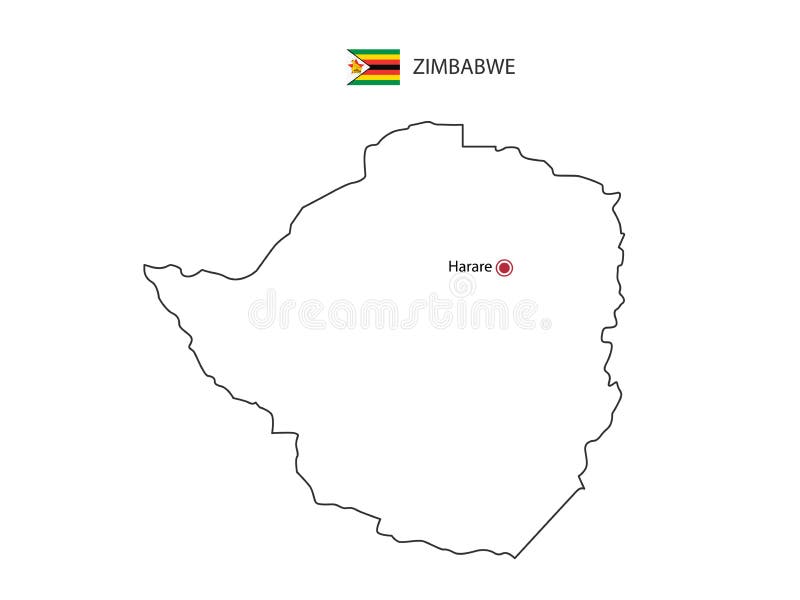Hand Draw Thin Black Line Vector of Zimbabwe Map with Capital City ...