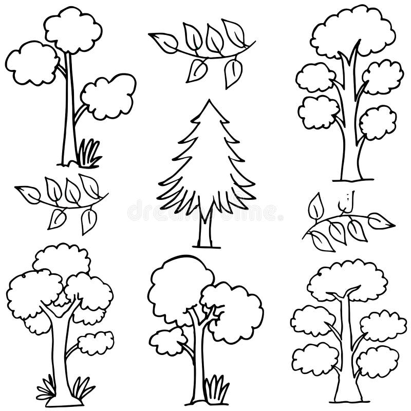 Hand Draw of Tree Set Doodles Stock Vector - Illustration of brush ...