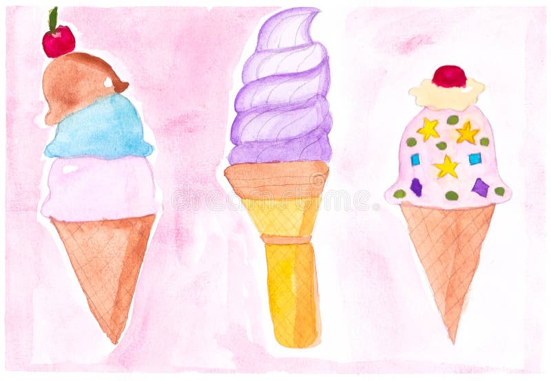 Hand Draw Watercolor of Three Ice-cream Illustration Stock Illustration ...