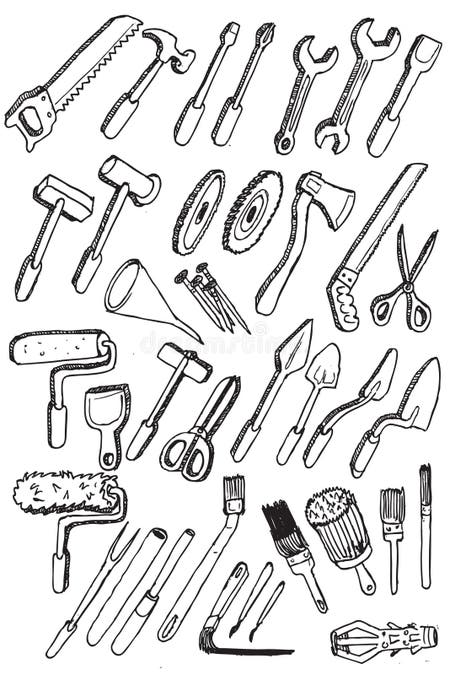 Hand Draw Working Tools Icon Collection Stock Vector - Illustration of ...