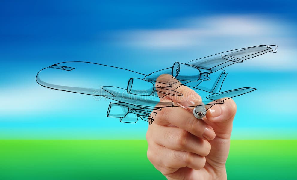 Hand Drawing Airplane on Blur Blue Sky Stock Photo - Image of gear ...