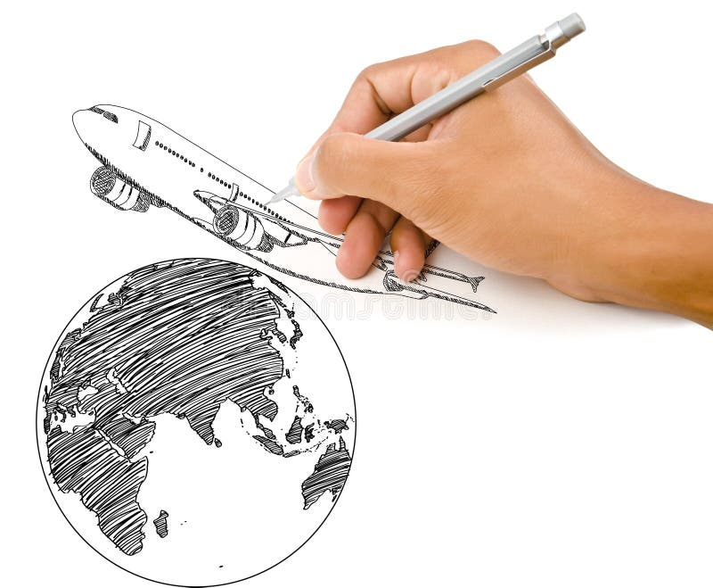 Hand Drawing Airplane for Travel Around the World. Stock Image - Image ...