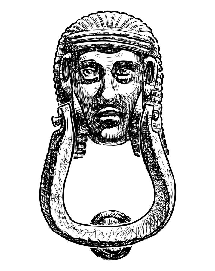 Hand Drawing of Ancient Metal Door Handle in Form of Egyptian Face ...