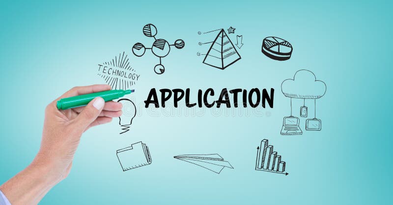 Hand Drawing Application Icons on Blue Background Stock Illustration ...