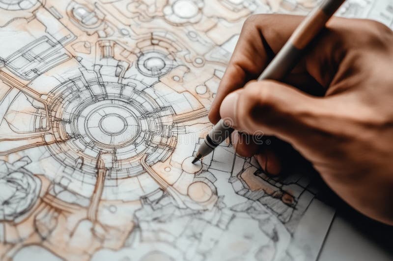 Hand Drawing Architectural Blueprint on Technical Paper with Pen and ...