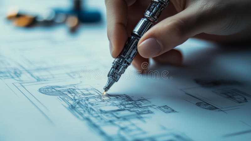 Hand Drawing Architectural Designs with a High-tech Pen Stock Photo ...