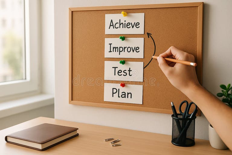 Hand Drawing Arrow on Cork Board with Sequential Cards Labeled Plan ...