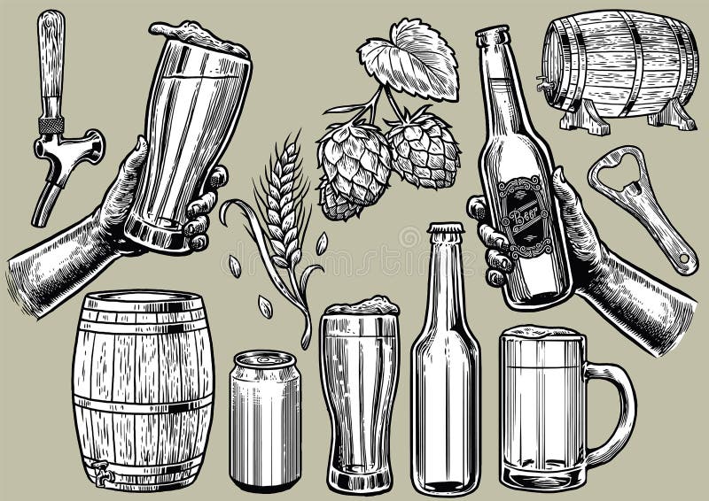 Hand Drawing of Beer Objects in Set Stock Vector - Illustration of barn ...