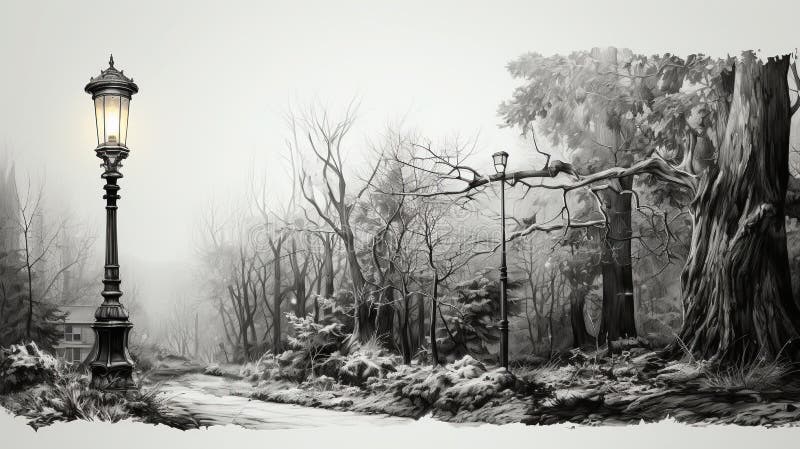 Hand Drawing Black and White Street with Street Lights Vintage ...