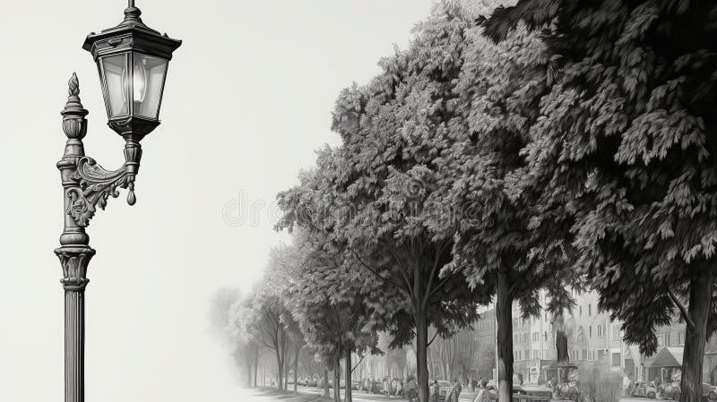 Hand Drawing Black and White Street with Street Lights Vintage ...