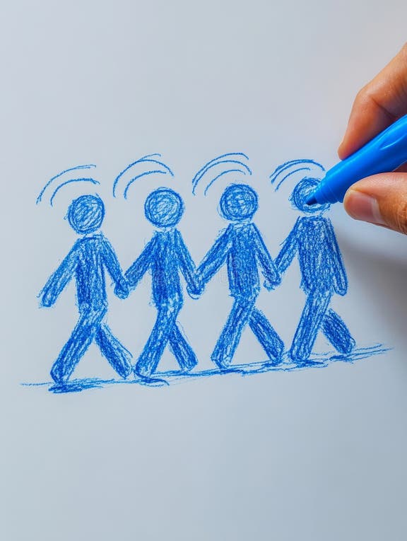 Hand Drawing Blue Stick Figures Symbolizing Unity. Stock Image - Image ...