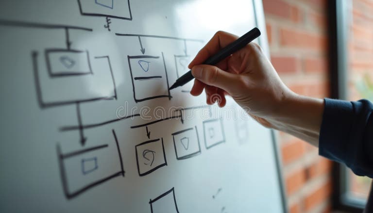 Hand Drawing Business Flowchart on Whiteboard. Creates Process Map for ...