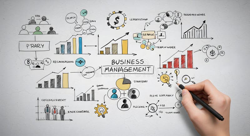 Hand Drawing Business Management Strategy Sketch with Finance Elements ...