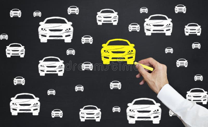 Hand Drawing Car Icon. Man Point Yellow Car Icon with Chalk on ...