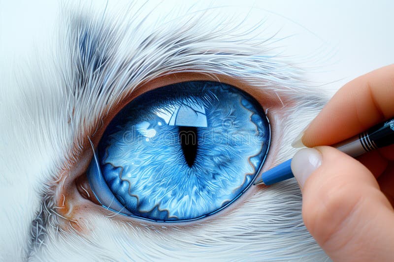 A Hand is Drawing a Cats Eye with a Blue Marker in a Stylized Manner ...