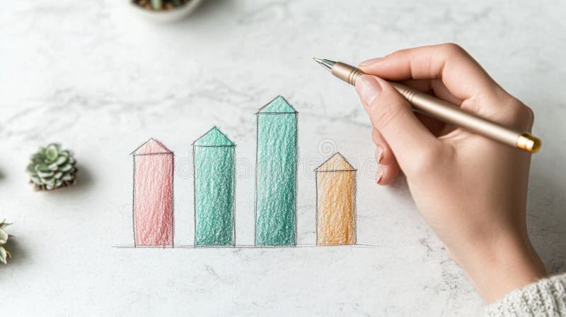 Hand Drawing Colorful Bar Graph on Marble Surface with Pen for Growth ...