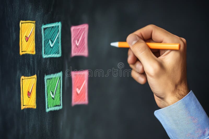 Hand Drawing Colorful Checkboxes on Blackboard with Pencil Stock ...