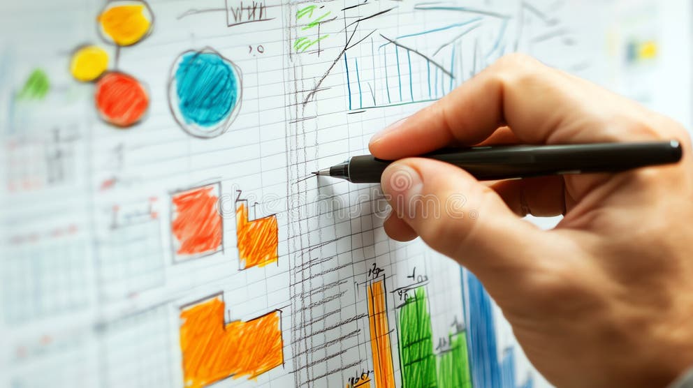 Hand Drawing Colorful Graphs and Charts on Grid Paper for Data Analysis ...