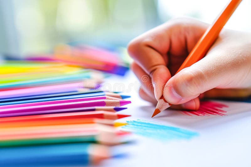 Hand Drawing with Colorful Pencils on Paper, Representing Creativity ...