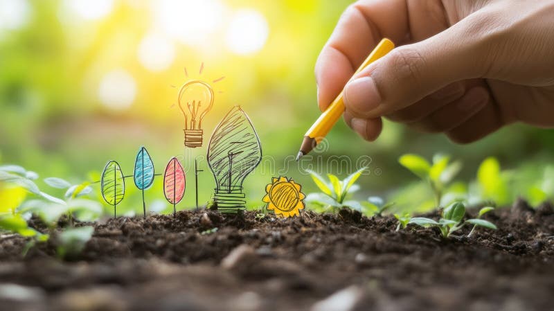 Hand Drawing Colorful Plants and a Light Bulb on Soil Stock ...