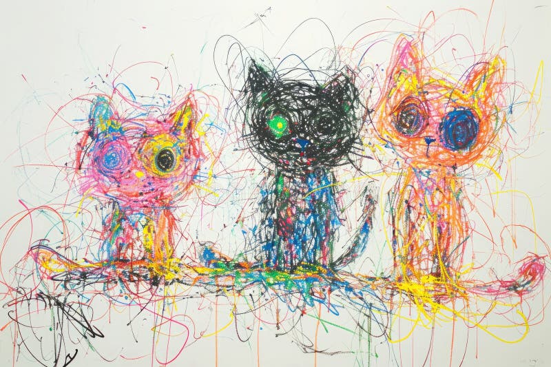 A Hand Drawing Colorful Group of the Various Type of a Cat with Crayon ...