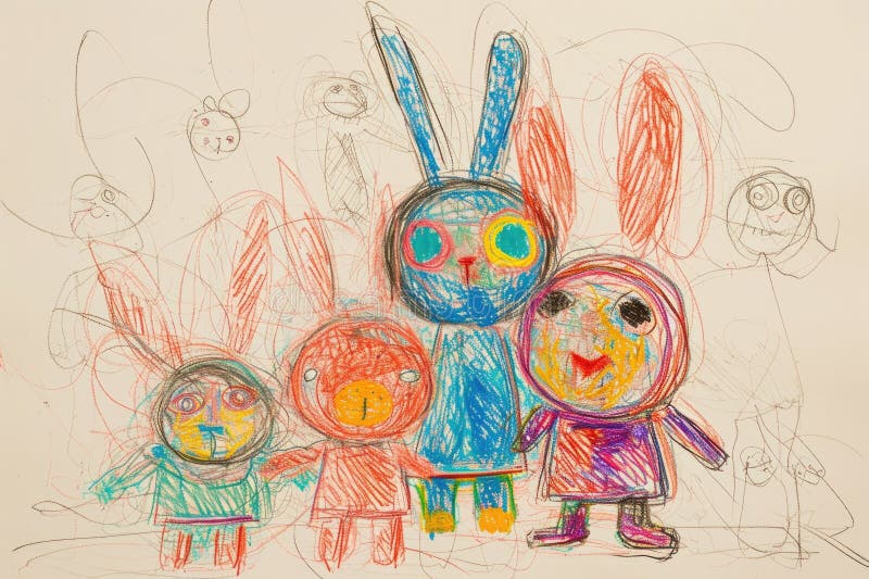 A Hand Drawing Colorful Group of Various Type of the Rabbit with Crayon ...