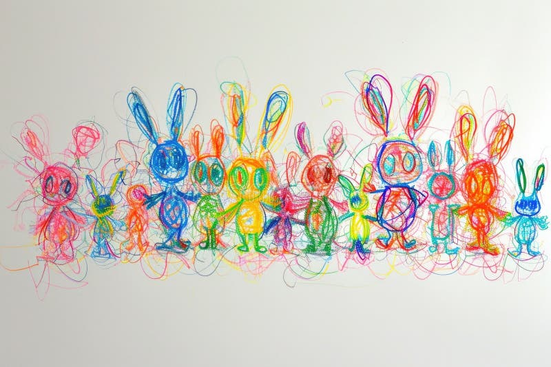 A Hand Drawing Colorful Group of Various Type of the Rabbit with Crayon ...