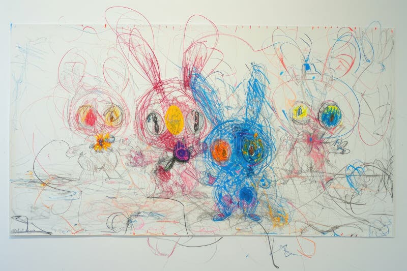 A Hand Drawing Colorful Group of Various Type of the Rabbit with Crayon ...