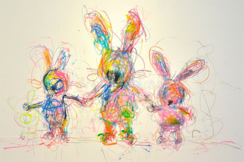 A Hand Drawing Colorful Group of Various Type of the Rabbit with Crayon ...
